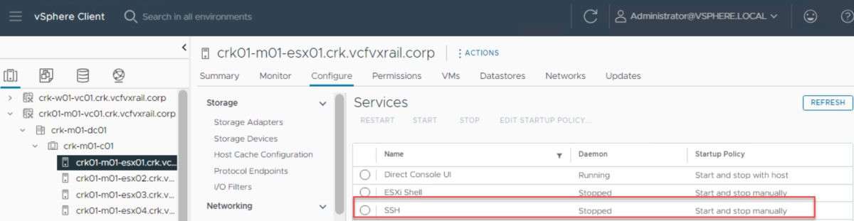 VCF On VxRail – Enable SSH on ESXi Hosts – virtual graveyard